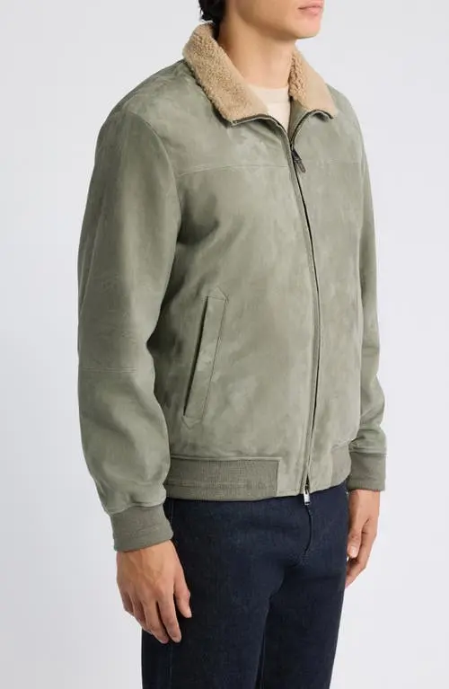 Canali Suede Bomber Jacket With Genuine Shearling Collar