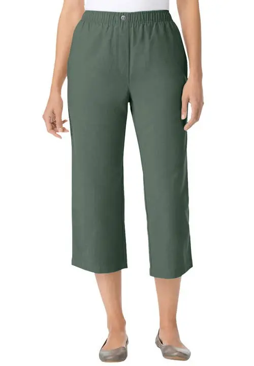 WOMAN WITHIN 7 Day Elastic Waist Pull On Cotton Denim Capri Jeans - Pine