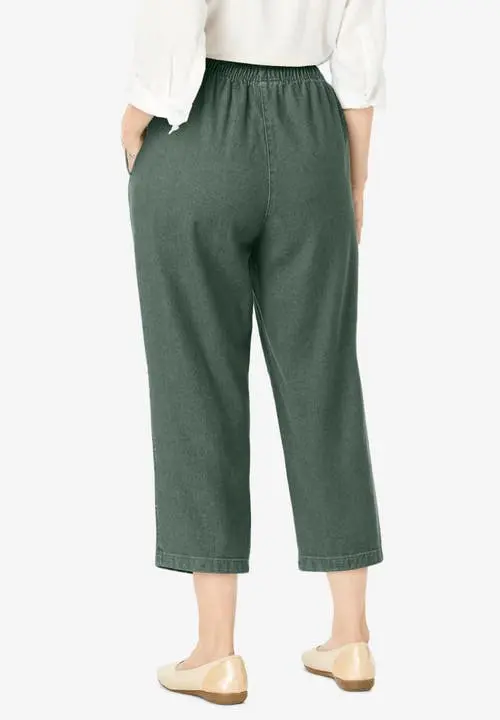 WOMAN WITHIN 7 Day Elastic Waist Pull On Cotton Denim Capri Jeans - Pine