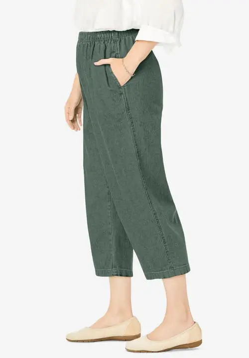 WOMAN WITHIN 7 Day Elastic Waist Pull On Cotton Denim Capri Jeans - Pine