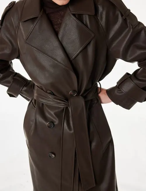 Koton Double-breasted Long Faux Leather Belted Trench Coat - Brown