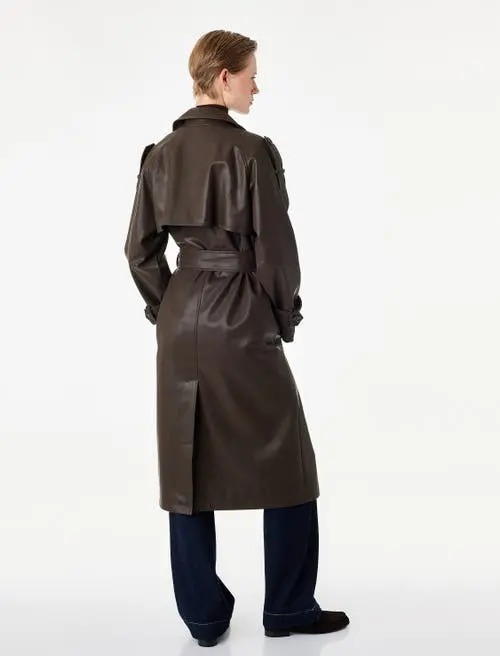 Koton Double-breasted Long Faux Leather Belted Trench Coat - Brown