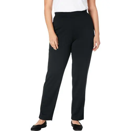 WOMAN WITHIN Straight Leg Stretch Ponte Knit Pull On Pants - Black