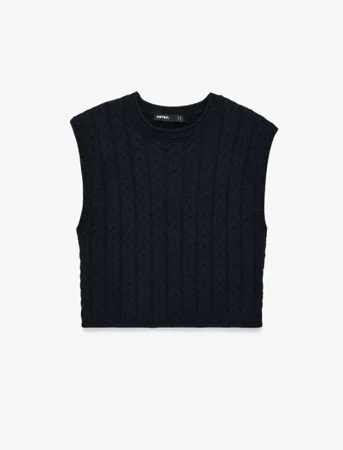 Koton Crew Neck Sleeveless Cable-knit Vest Sweater - Navy