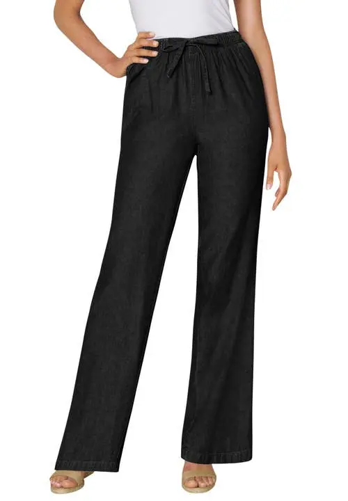 WOMAN WITHIN Wide Leg Cotton Denim Pants - Black