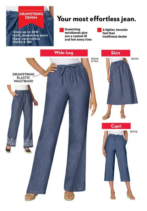 WOMAN WITHIN Wide Leg Drawstring Cotton Denim Pants - White