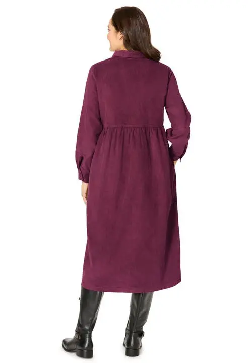 WOMAN WITHIN Button Front Corduroy Dress - Deep Claret