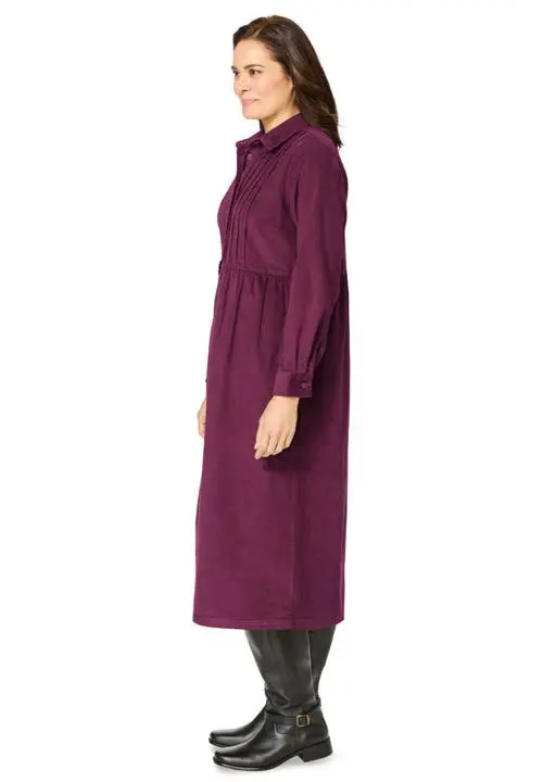 WOMAN WITHIN Button Front Corduroy Dress - Deep Claret