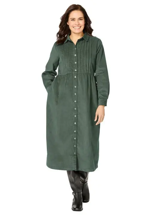 WOMAN WITHIN Button Front Corduroy Dress - Pine