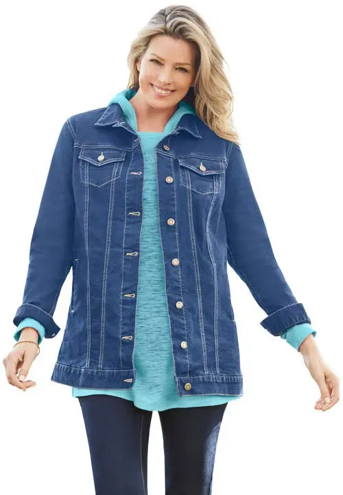 WOMAN WITHIN Long Stretch Denim Jean Jacket - Medium Stonewash