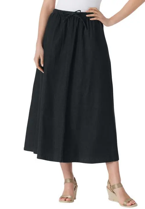WOMAN WITHIN Drawstring Cotton Denim Skirt - Black