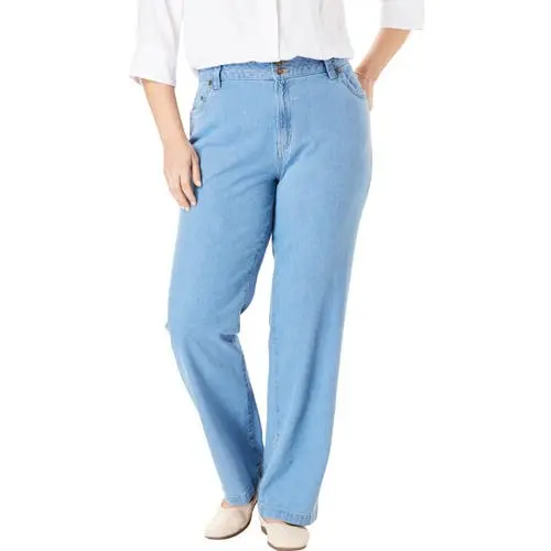 WOMAN WITHIN Perfect Wide Leg All Cotton Denim Five Pocket Jeans - Light Stonewash