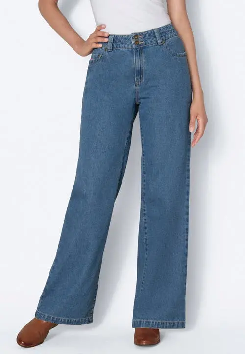 WOMAN WITHIN Perfect Wide Leg All Cotton Denim Five Pocket Jeans - Light Stonewash