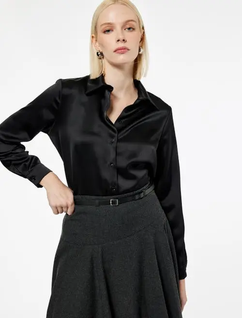 Koton Regular Fit Long Sleeve Satin Shirt - Black