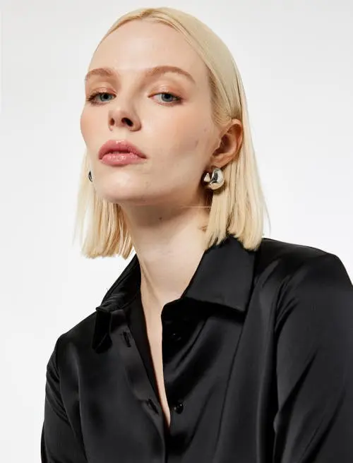 Koton Regular Fit Long Sleeve Satin Shirt - Black