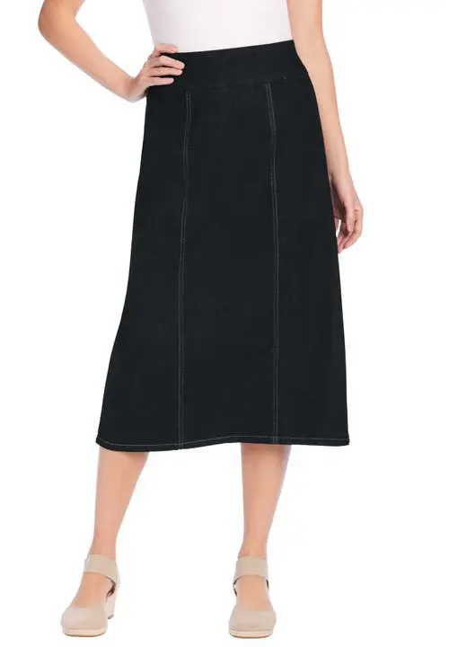 WOMAN WITHIN Smooth Waist Pull On Flex Fit Denim Skirt - Black