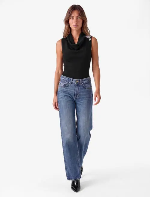 Koton Sleeveless Cowl Collar Rhinestones Knit Top