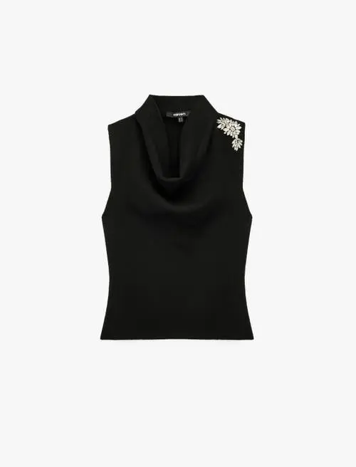 Koton Sleeveless Cowl Collar Rhinestones Knit Top