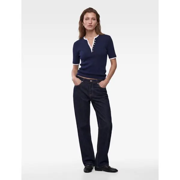 Koton Regular Fit Short Sleeve Henley Neck Knit Sweater - Navy