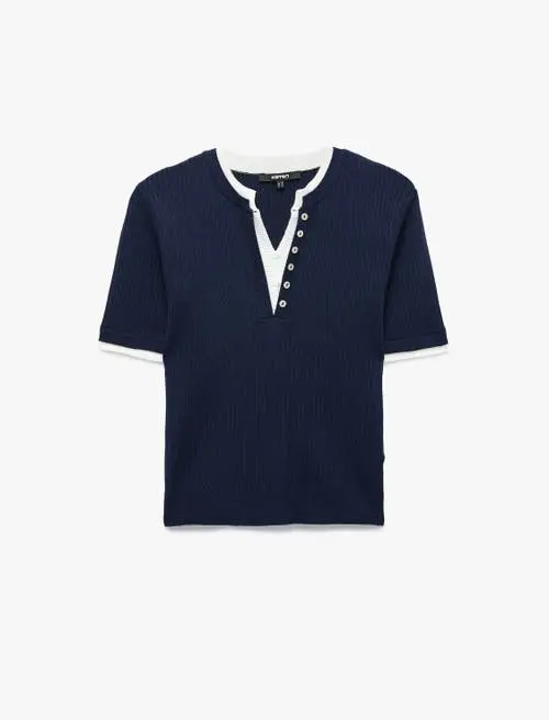 Koton Regular Fit Short Sleeve Henley Neck Knit Sweater