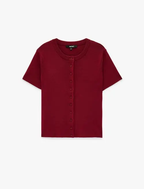 Koton Short Sleeve Crew Neck Knit Cardigan - Plum