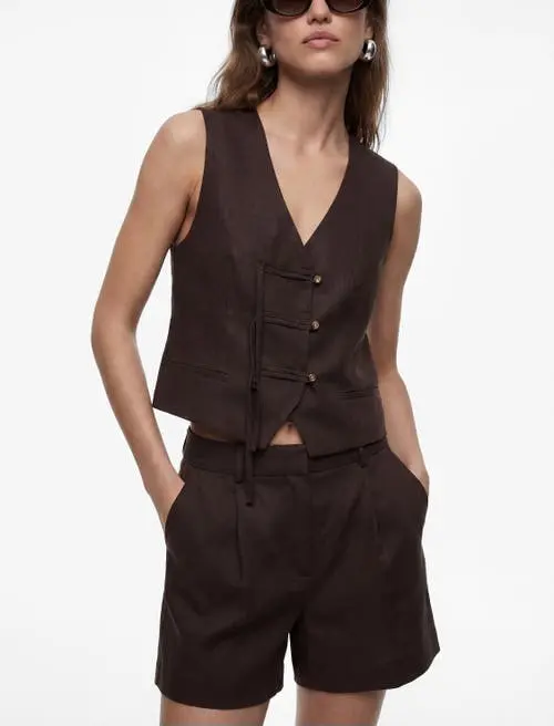 Koton Linen Blend Tailored V-neck Vest With Frog Closure