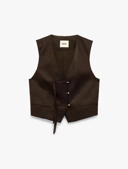 Koton Linen Blend Tailored V-neck Vest With Frog Closure