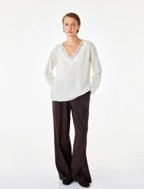 Koton Long-sleeve V-neck Oversized Knit Sweater With Lace - Ecru