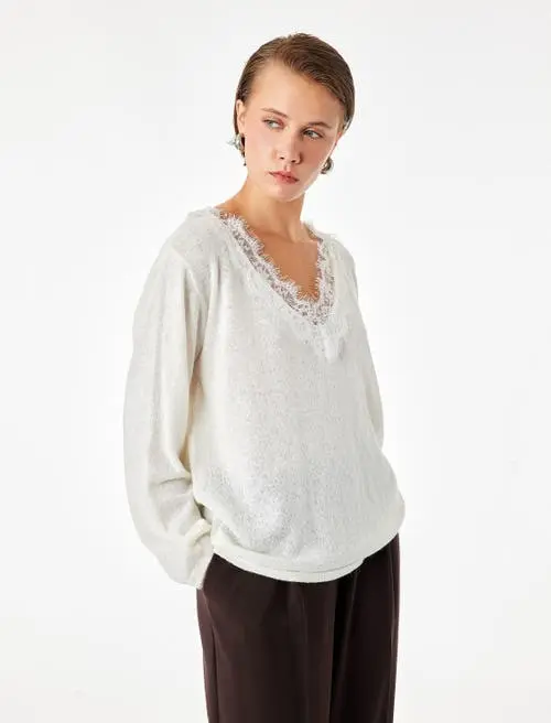 Koton Long-sleeve V-neck Oversized Knit Sweater With Lace