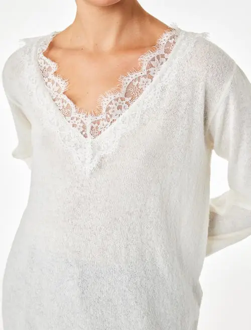 Koton Long-sleeve V-neck Oversized Knit Sweater With Lace