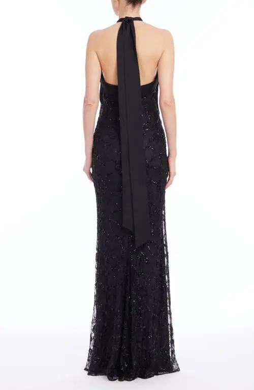 Badgley Mischka Sequined Lace Halter Neck Gown
