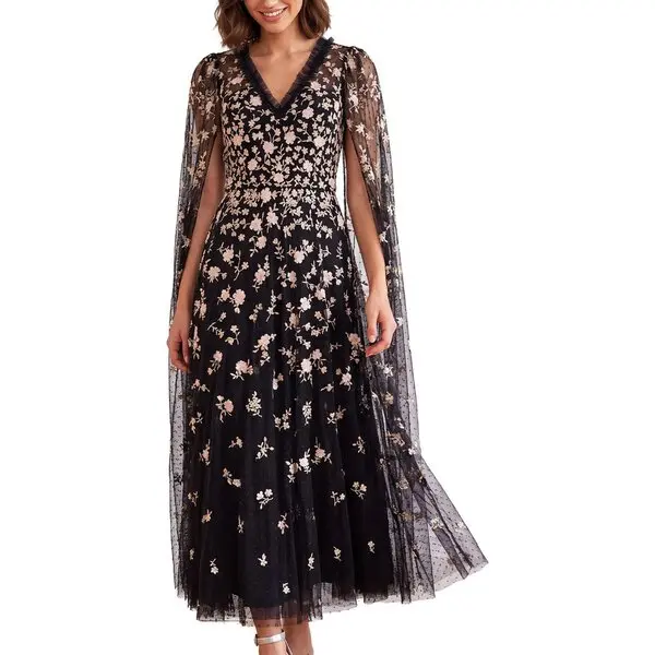 NEEDLE & THREAD Lea Ditsy Cape Sleeve Maxi Dress