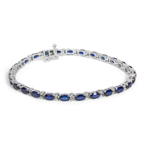 HAUS OF BRILLIANCE Sterling Alternating Diamond Accent And Oval Blue Sapphire Tennis Bracelet - Silver