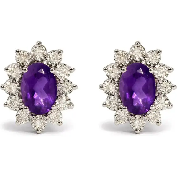 HAUS OF BRILLIANCE Sterling 1/8 Cttw Diamond Starburst Oval Amethyst Stud Earrings - Silver