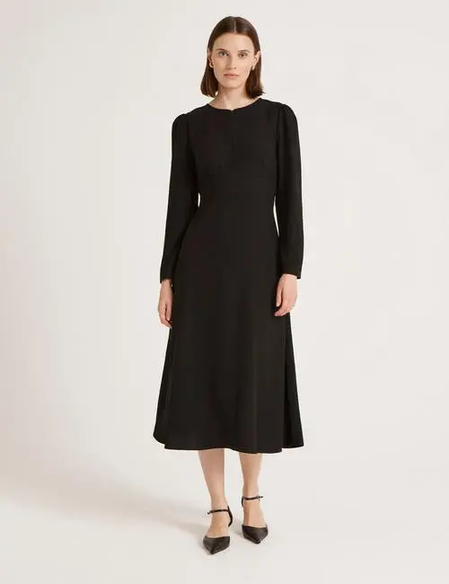 FINERY LONDON Caley Crepe Zip Front Midi Waisted Dress - Black