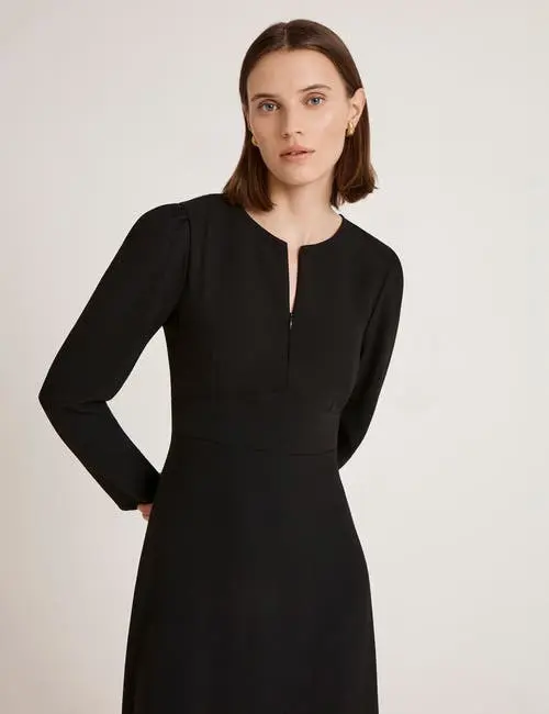 FINERY LONDON Caley Crepe Zip Front Midi Waisted Dress - Black