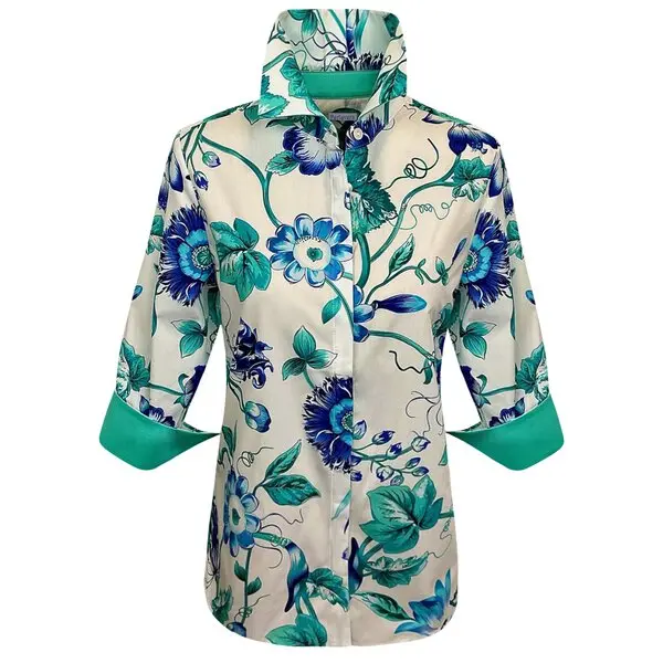 PERLAVERA Cindy Ivy Aqua Printed Three Quarter Sleeve Regular Slim Shirt - Blue