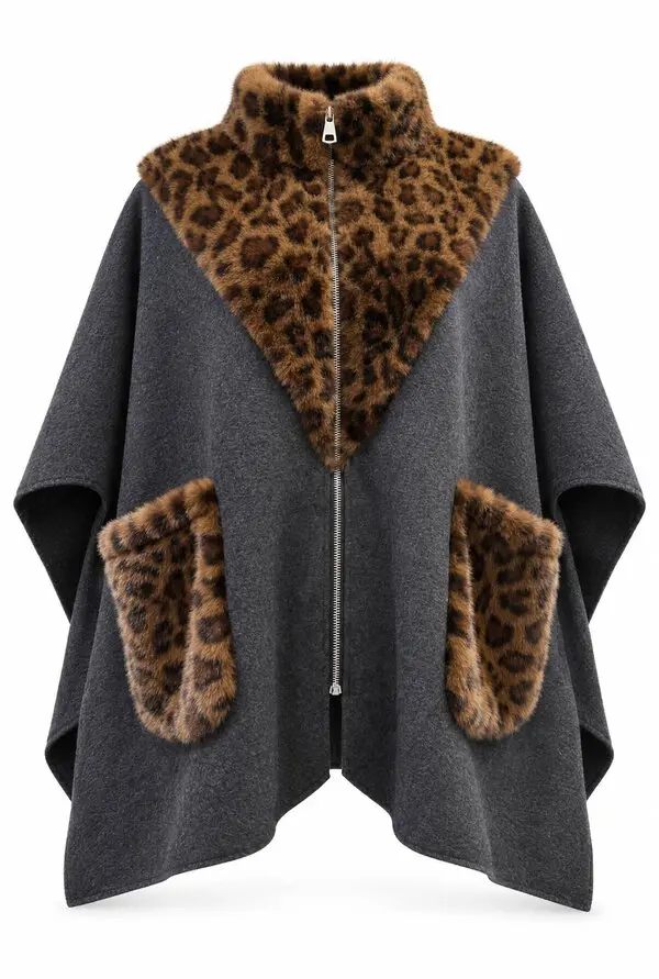 JAMES LAKELAND Leopard Faux Fur Trim Cape