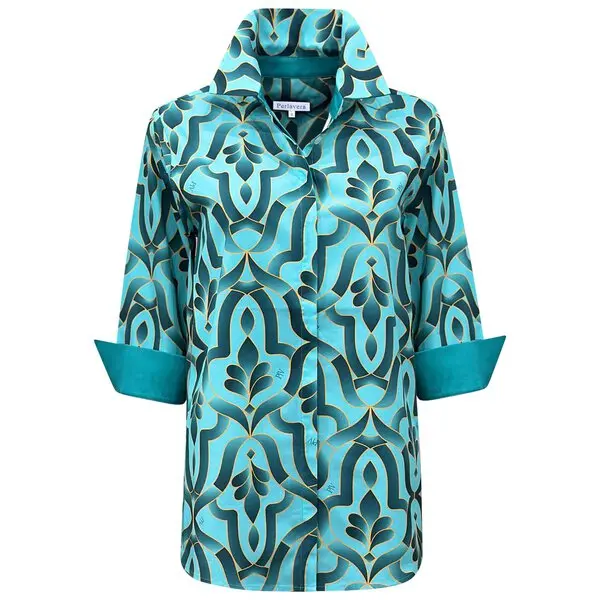 PERLAVERA Cos Tile Aqua Printed Three Quarter Sleeve Shirt - Blue