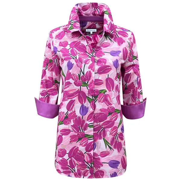 PERLAVERA Cos Tulip Magenta Printed Three Quarter Sleeve Shirt - White