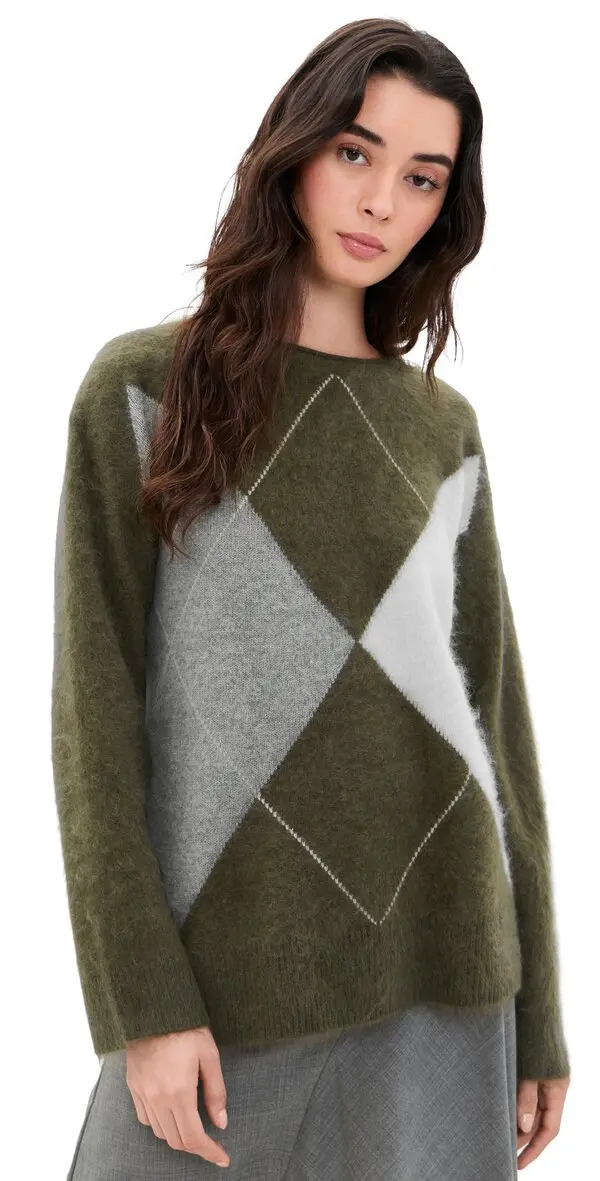 Theory Airy Brushed Argyle Pullover - Olive Multi