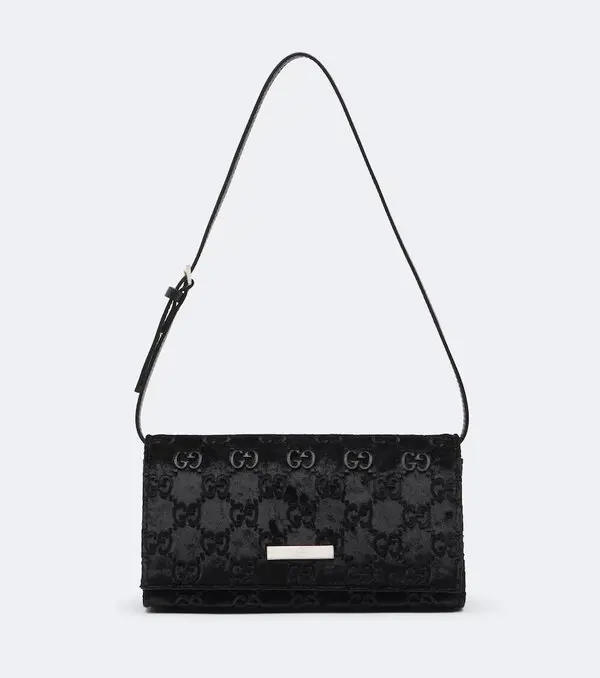 Gucci Gg Jacquard Velvet Pouch With Strap - Black