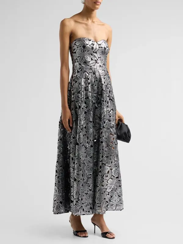 AS IT MAY Amelie Metallic Lace Strapless Maxi Dress
