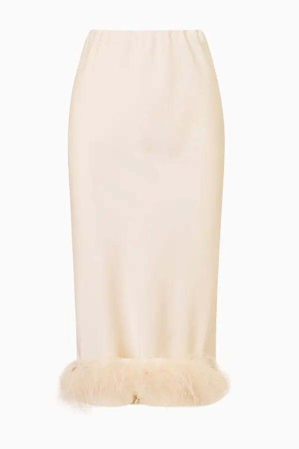LoveShackFancy Endira Satin Feather-trimmed Midi Skirt