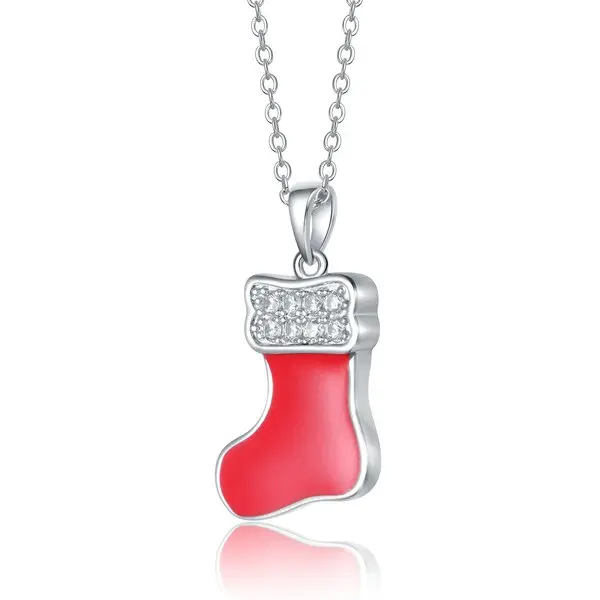 GENEVIVE White Gold Plated With Clear Cubic Zirconia & Enamel Sock Shaped Christmas Pendant Necklace - Red