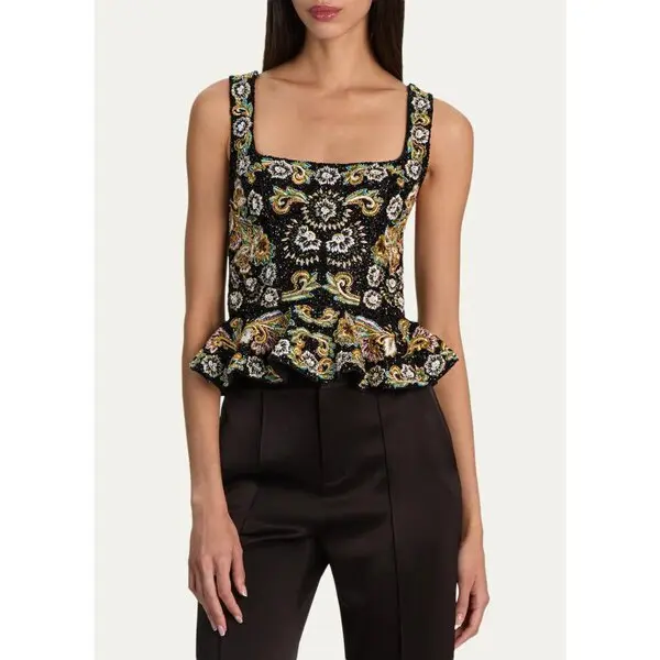 Alice + Olivia Lilianna Embroidered Peplum Top