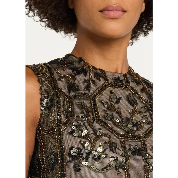 REEM ACRA Embroidered Tulle Sleeveless A-line Gown
