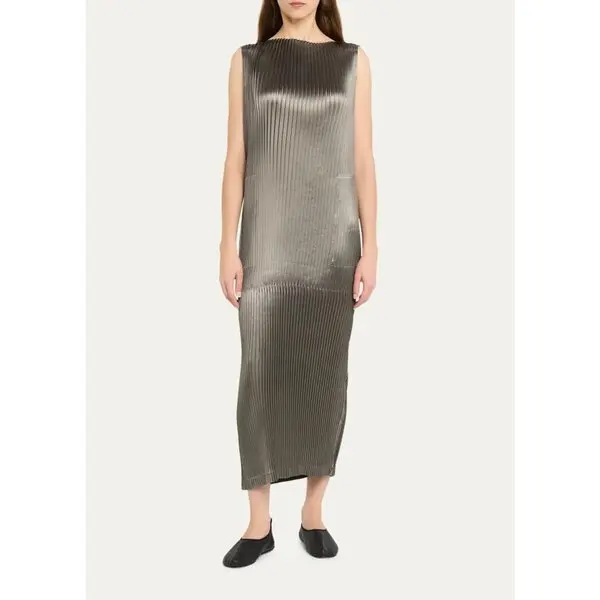 Issey Miyake Glossed Panels Pleated Sleeveless Midi Dress