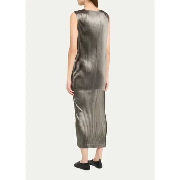 Issey Miyake Glossed Panels Pleated Sleeveless Midi Dress