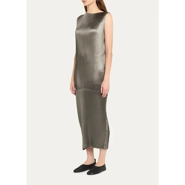 Issey Miyake Glossed Panels Pleated Sleeveless Midi Dress